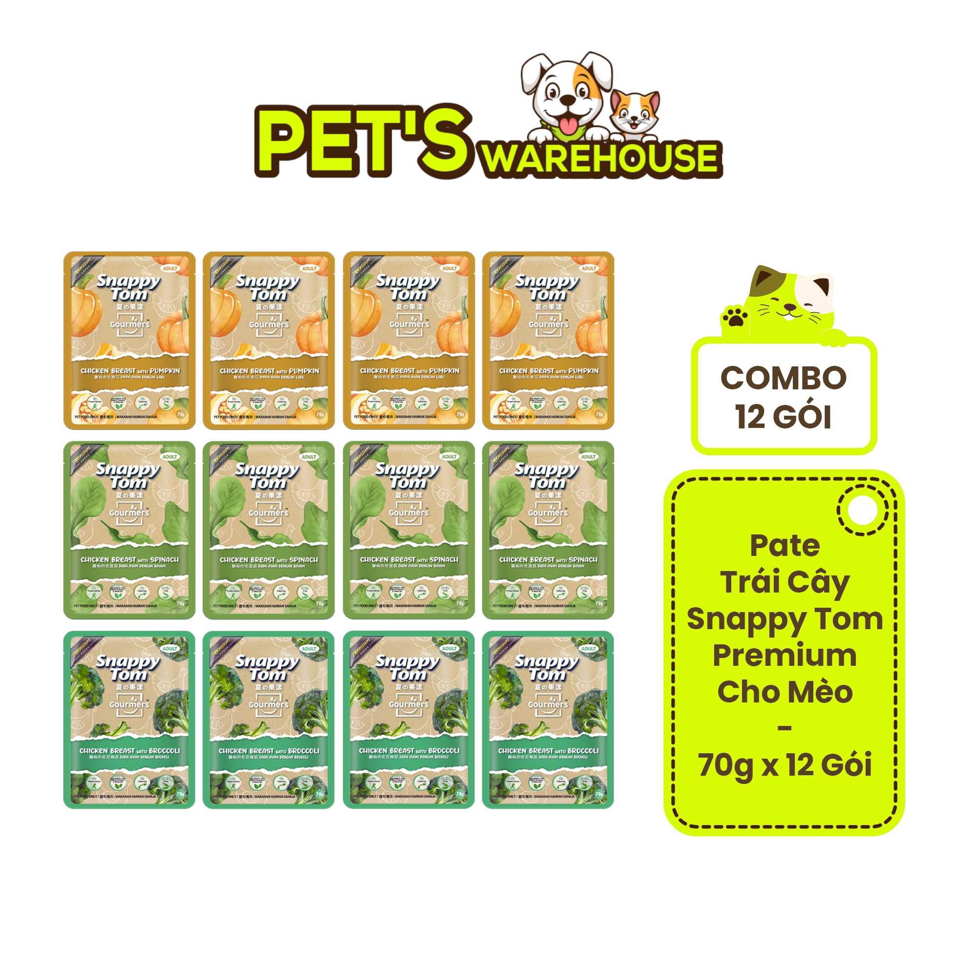 [Combo 12 Gói] Pate Snappy Tom Premium Cho Mèo, Giàu Đạm Gà, Rau Củ Bổ ...
